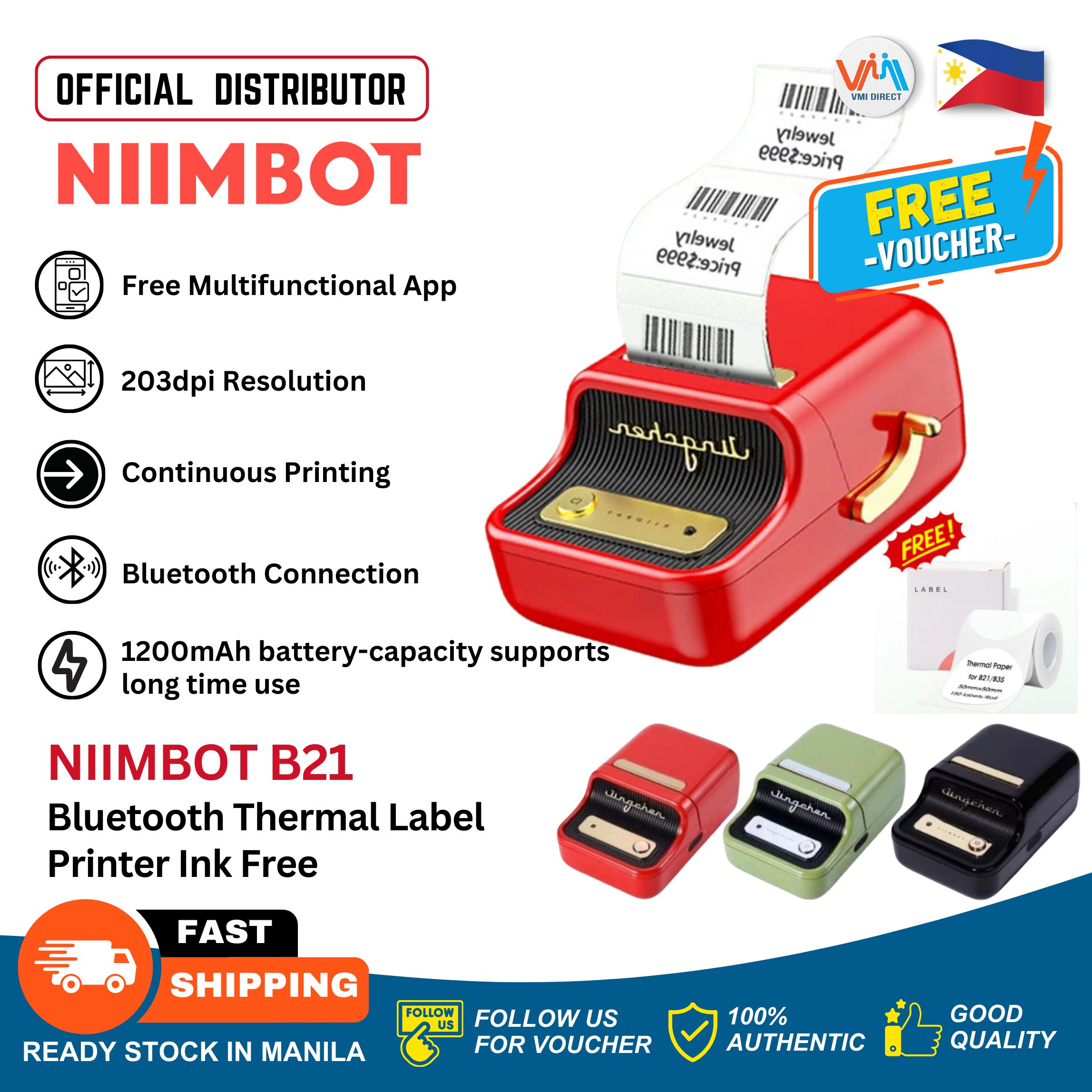 NIIMBOT B21 Bluetooth Thermal Label Printer Ink Free Mini Portable The ...
